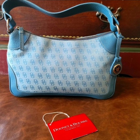 Dooney & Bourke | Bags | Dooney Bourke Blue Leather Canvas Signature ...